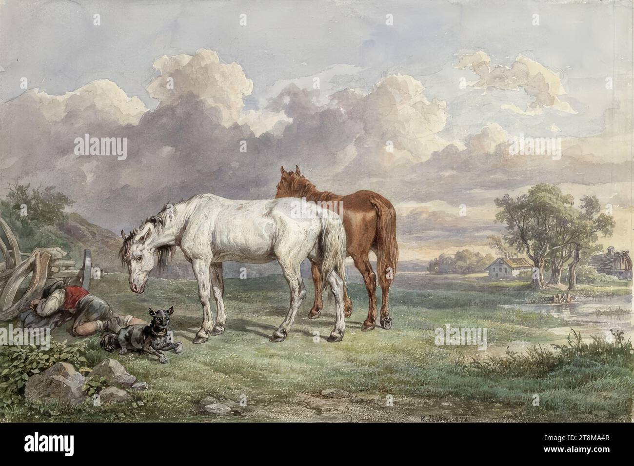 Two horses with a sleeping servant, Josef Kriehuber (Vienna 1800 - 1876 ...