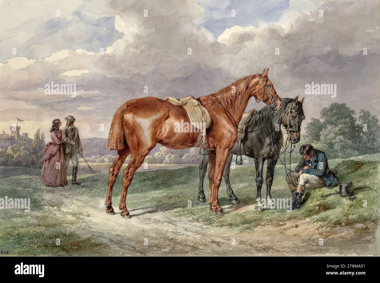 Two saddled horses with a groom, Josef Kriehuber (Vienna 1800 - 1876 ...