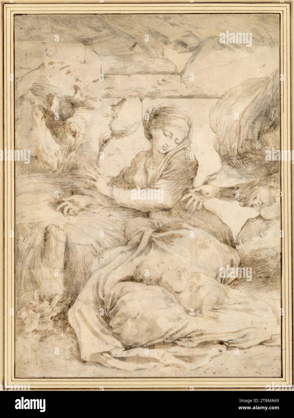 Maria with the child at the manger, anonymous, drawing, pencil; brown ...