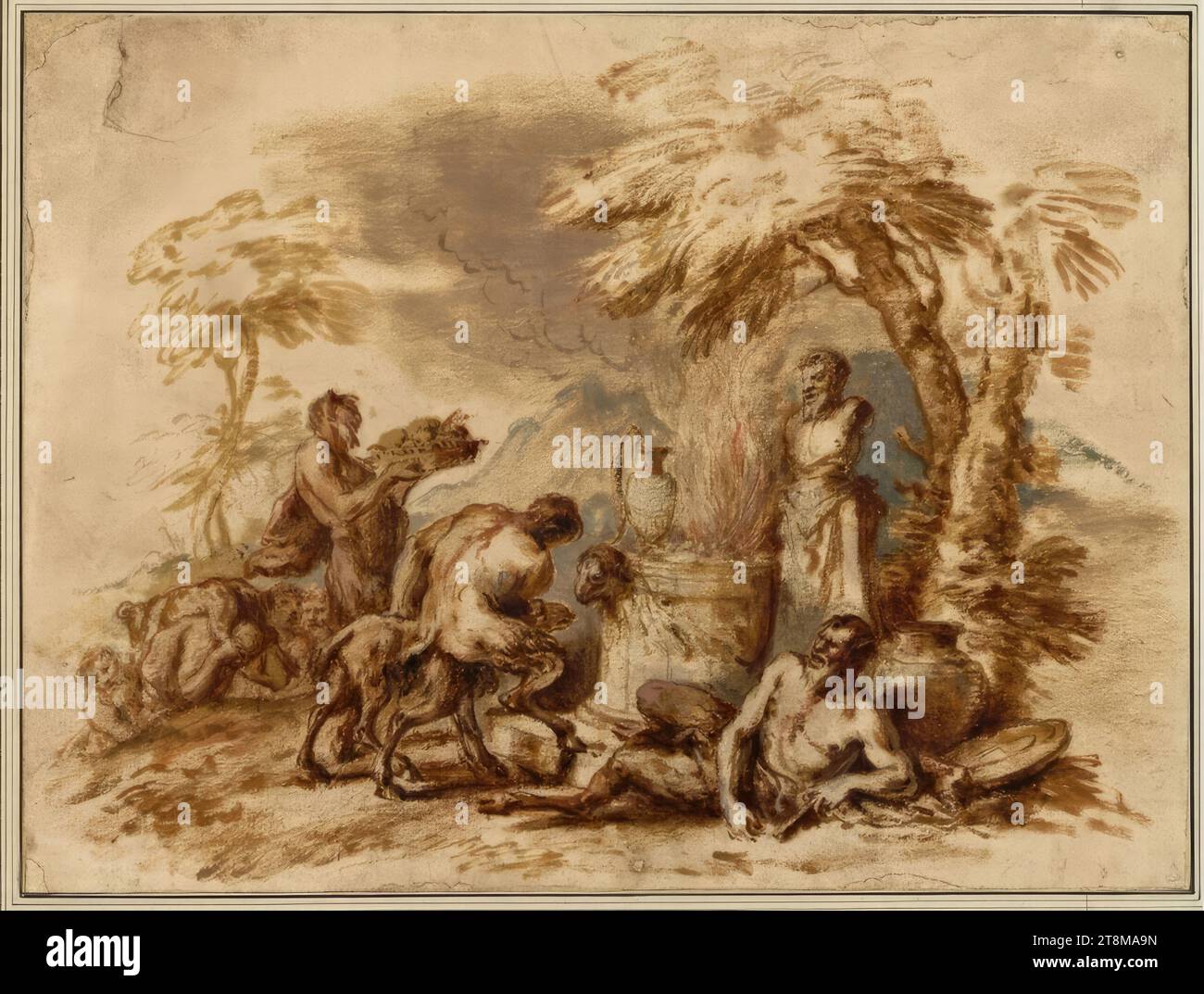 Satyrs sacrifice to the god Pan in front of a herm of Priapus, master ...