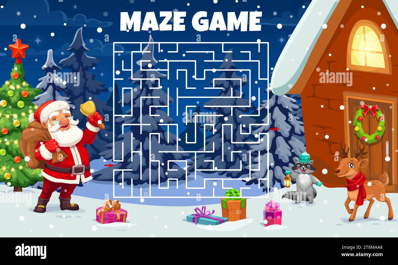 Christmas labyrinth maze. Kids vector worksheet, board game help Santa ...
