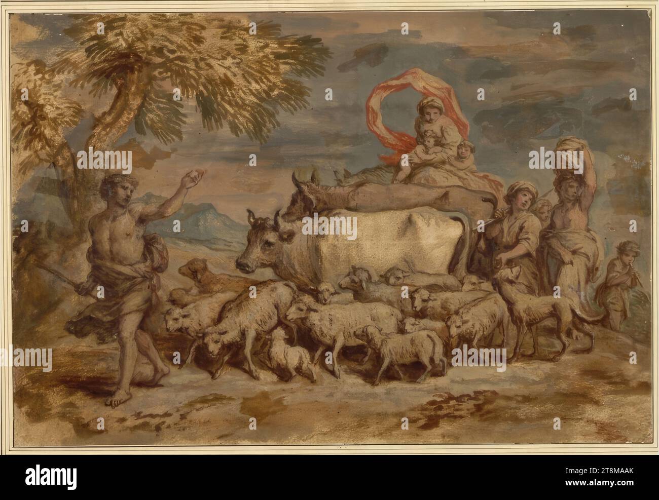 Procession of shepherds with a flock to the left; A woman with two ...