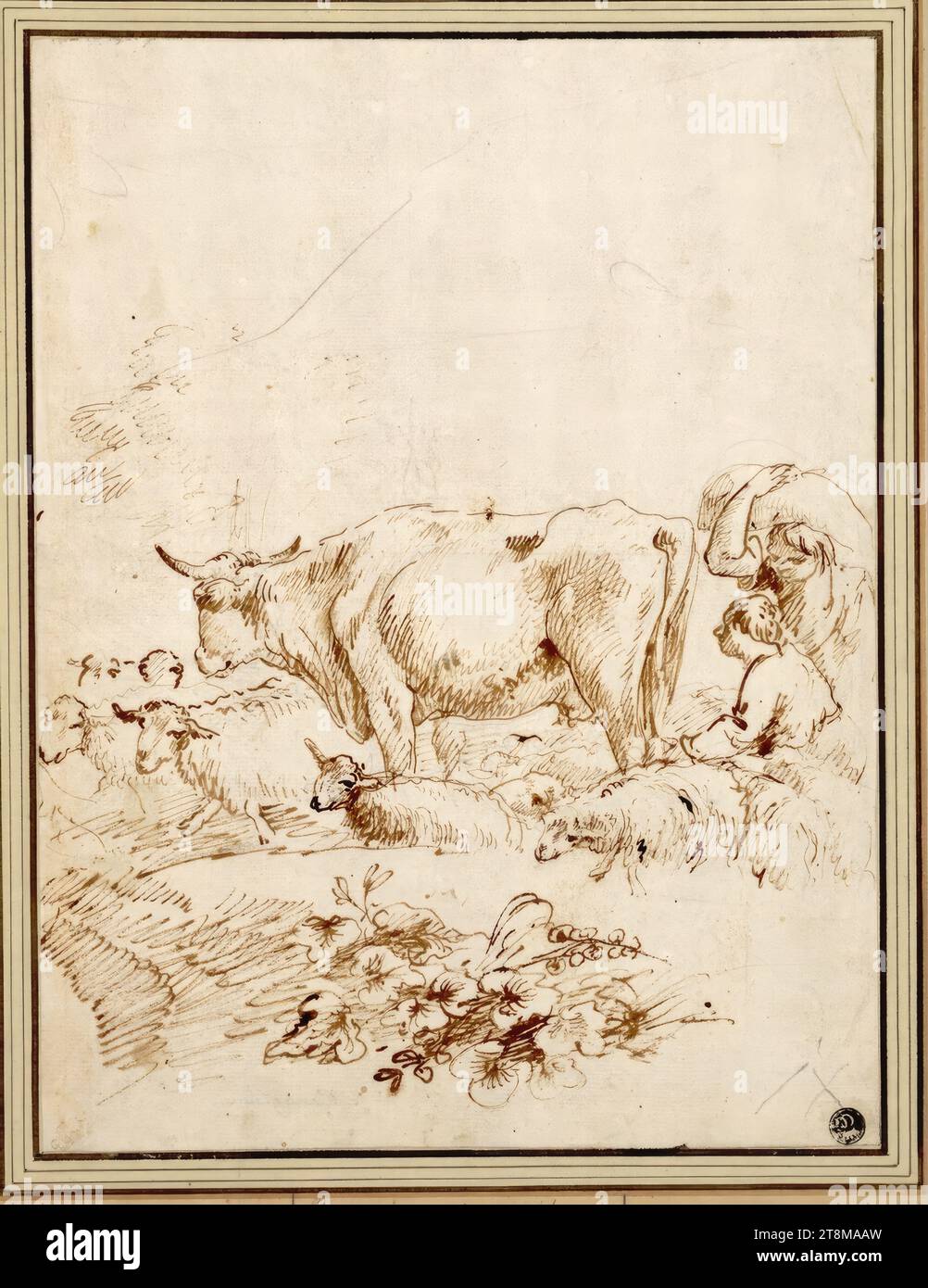 animal piece. Sheep with a cow in the middle moving to the left; two ...