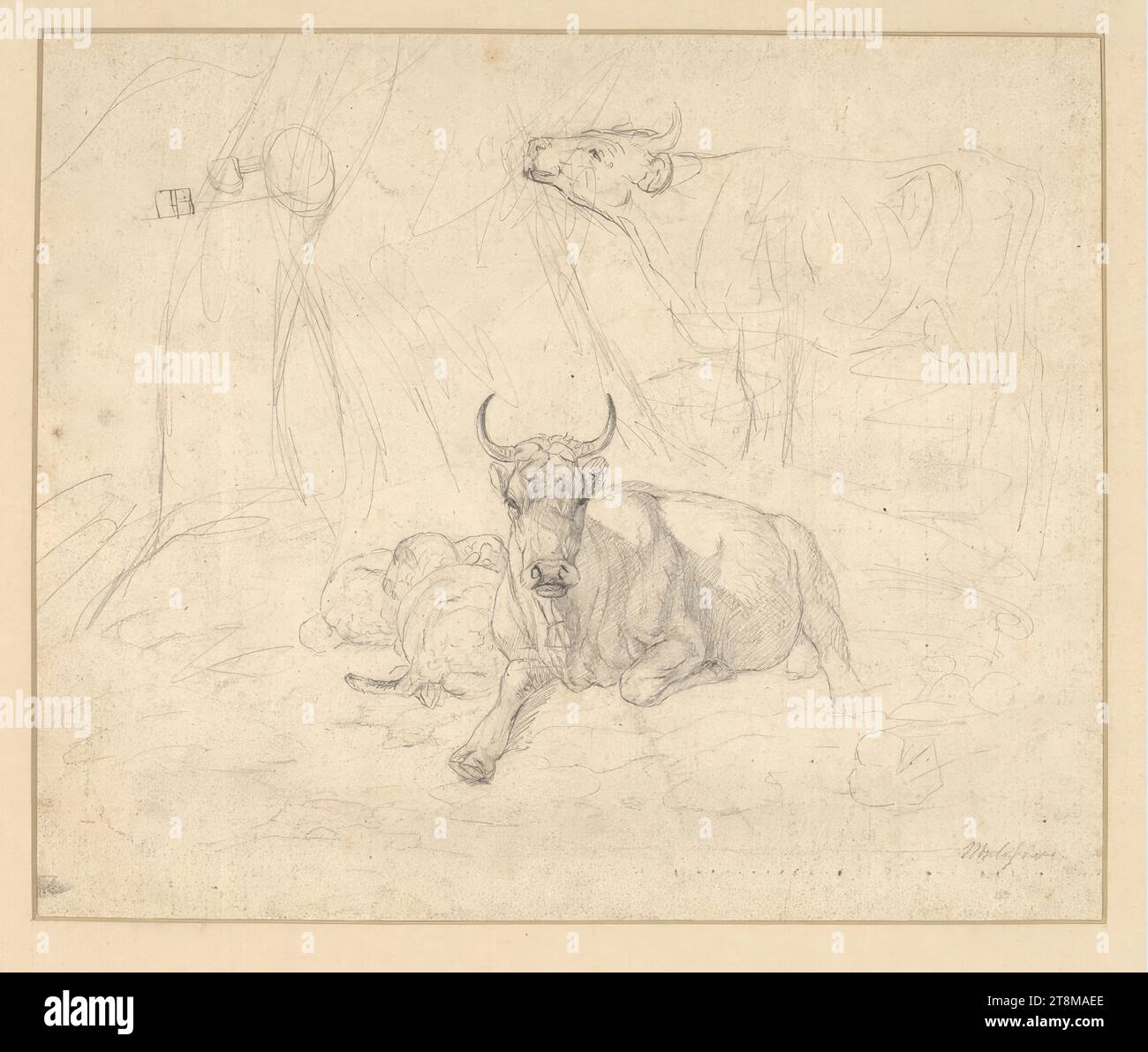 Reclining and standing cow and two reclining sheep, Johann Wilhelm ...