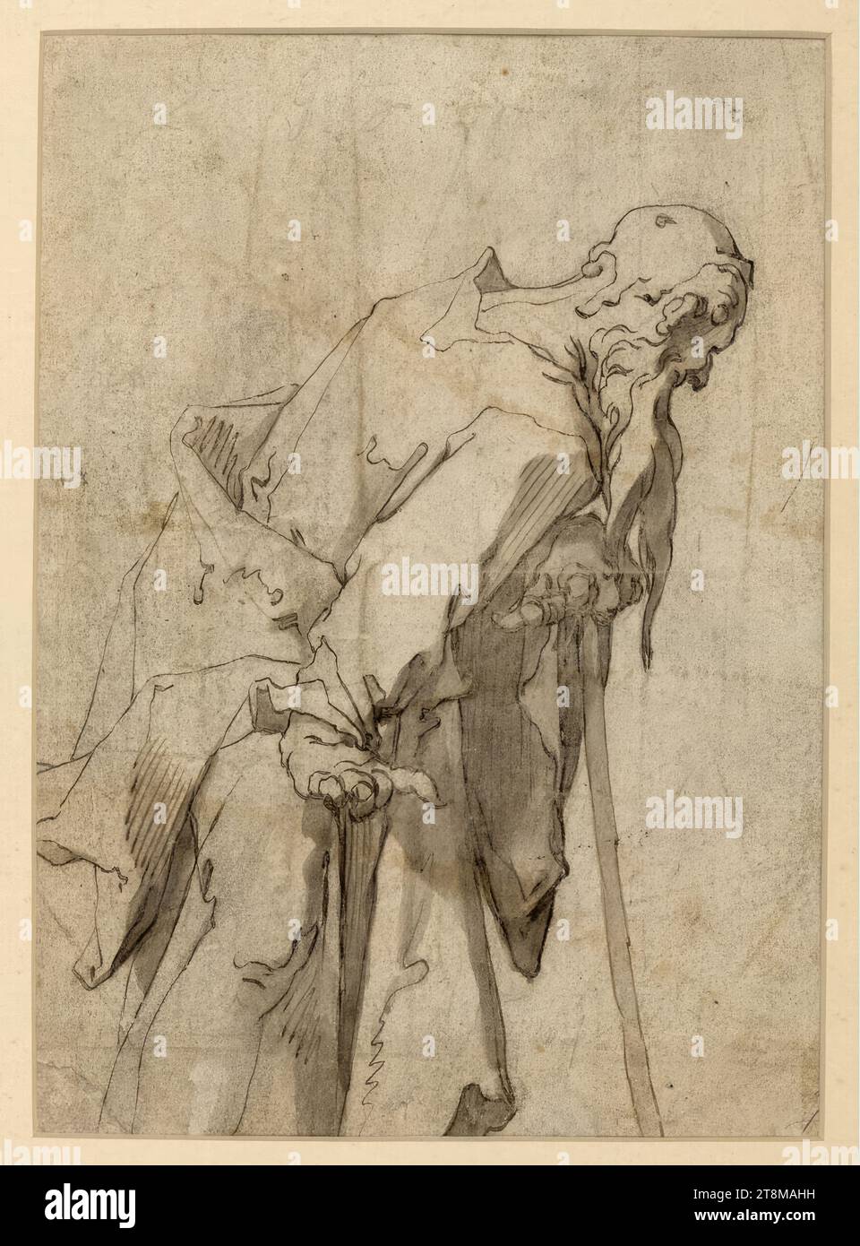 Old man with a cane, anonymous, drawing, pen and ink in brown, washed ...