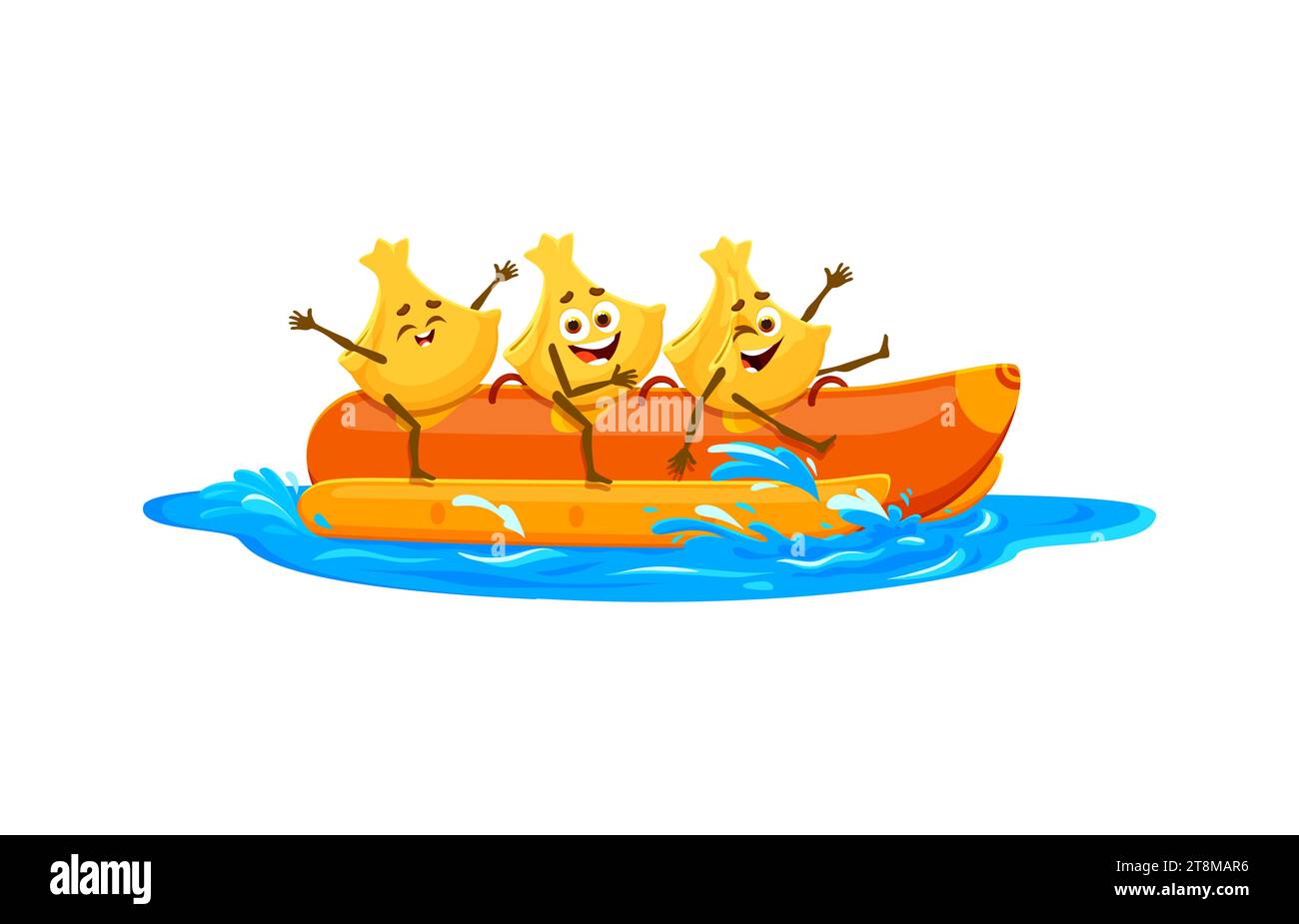 Cartoon cheerful fagottini pasta characters riding inflatable banana ...