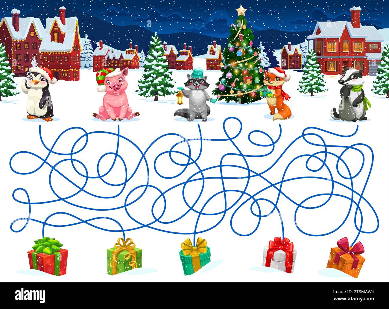 Christmas labyrinth maze help to funny animals find gifts. Kids vector ...