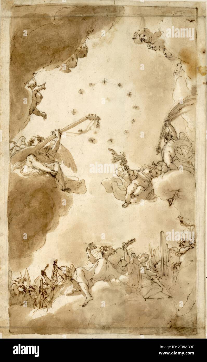 Angels playing music on clouds from below; identifiable are theorbo ...