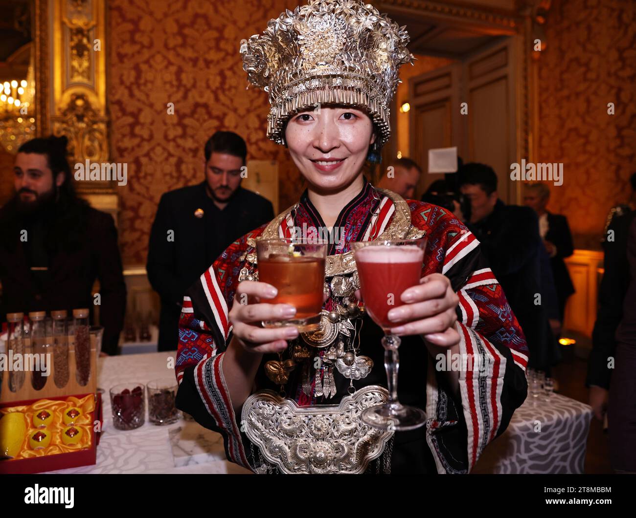 Paris, France. 20th Nov, 2023. A staff member presents Moutai Cocktail ...