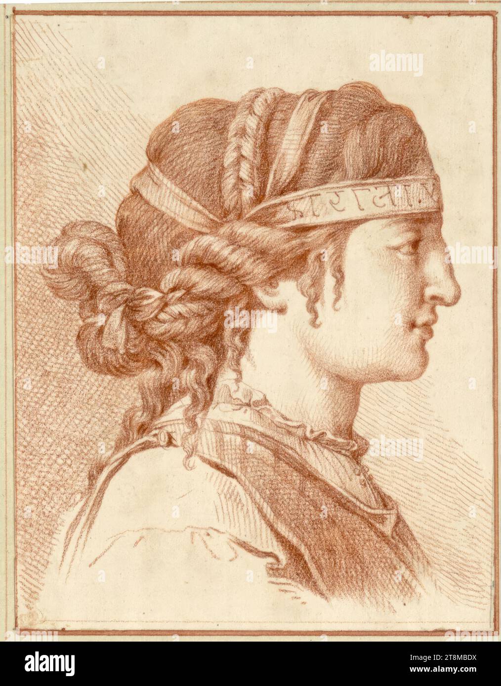 Study head of a young girl with plaited hair in profile to the right ...