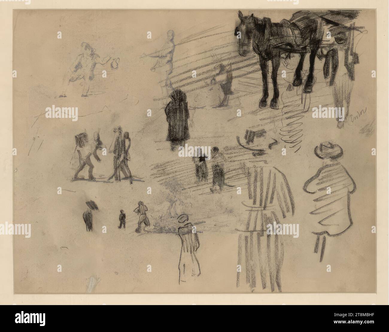Sketch sheet with team of horses, small figure studies and landscape ...
