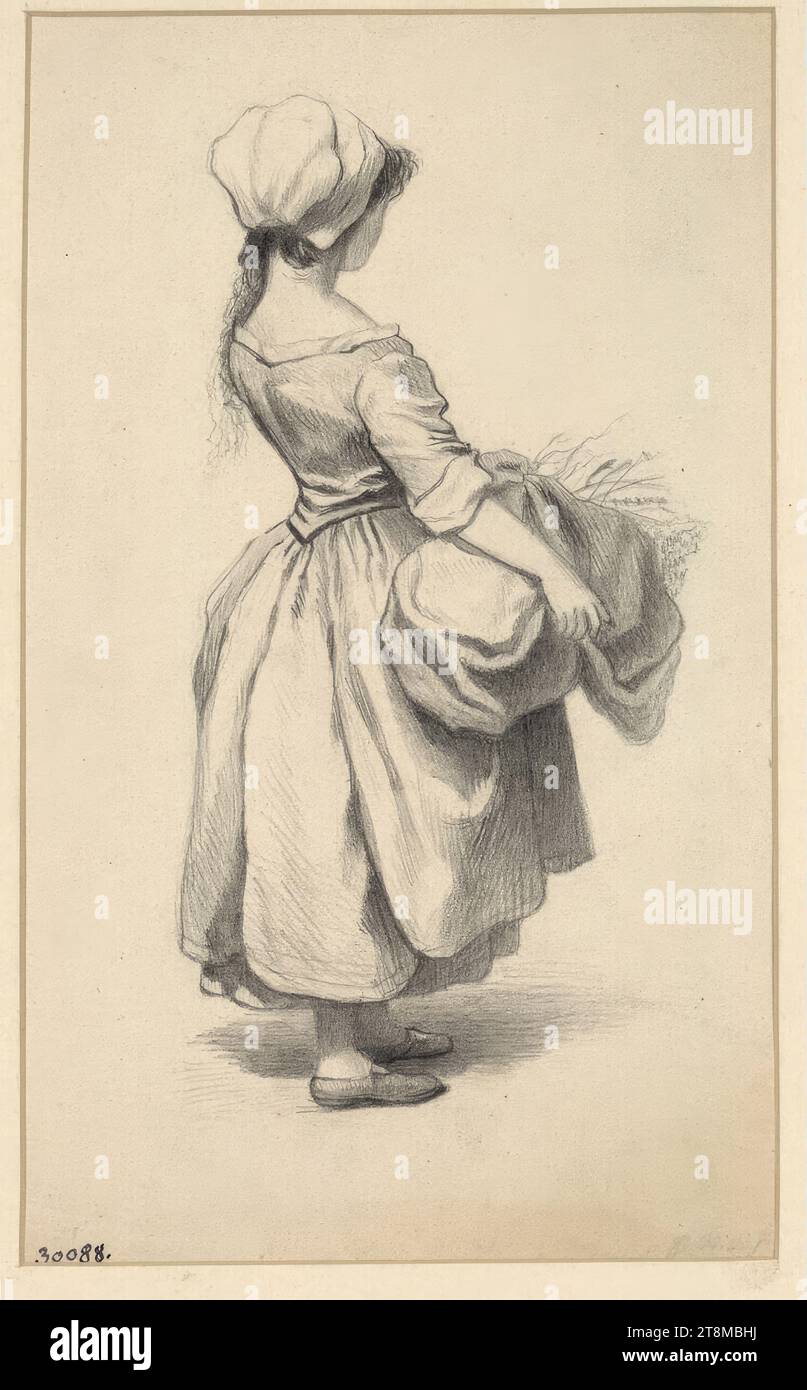 Rear view of a peasant girl with a bundle under her arm, Ludwig ...