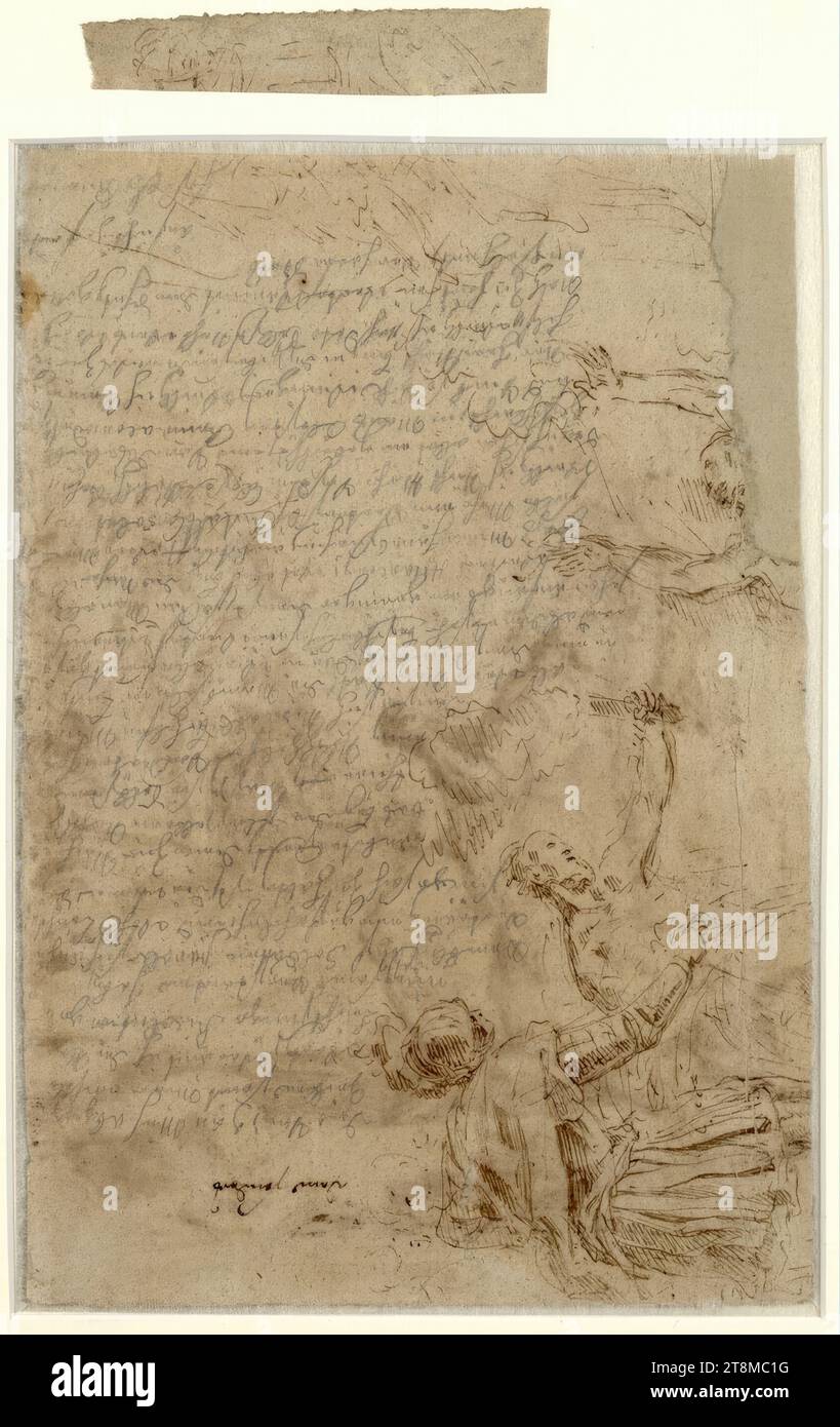 A warrior seen from behind and an old man half-length with a torch in ...