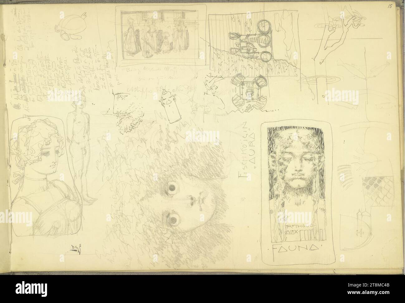 Various sketches for 'FISH QUEEN 'AURA''; Draft of a multi-figure ...