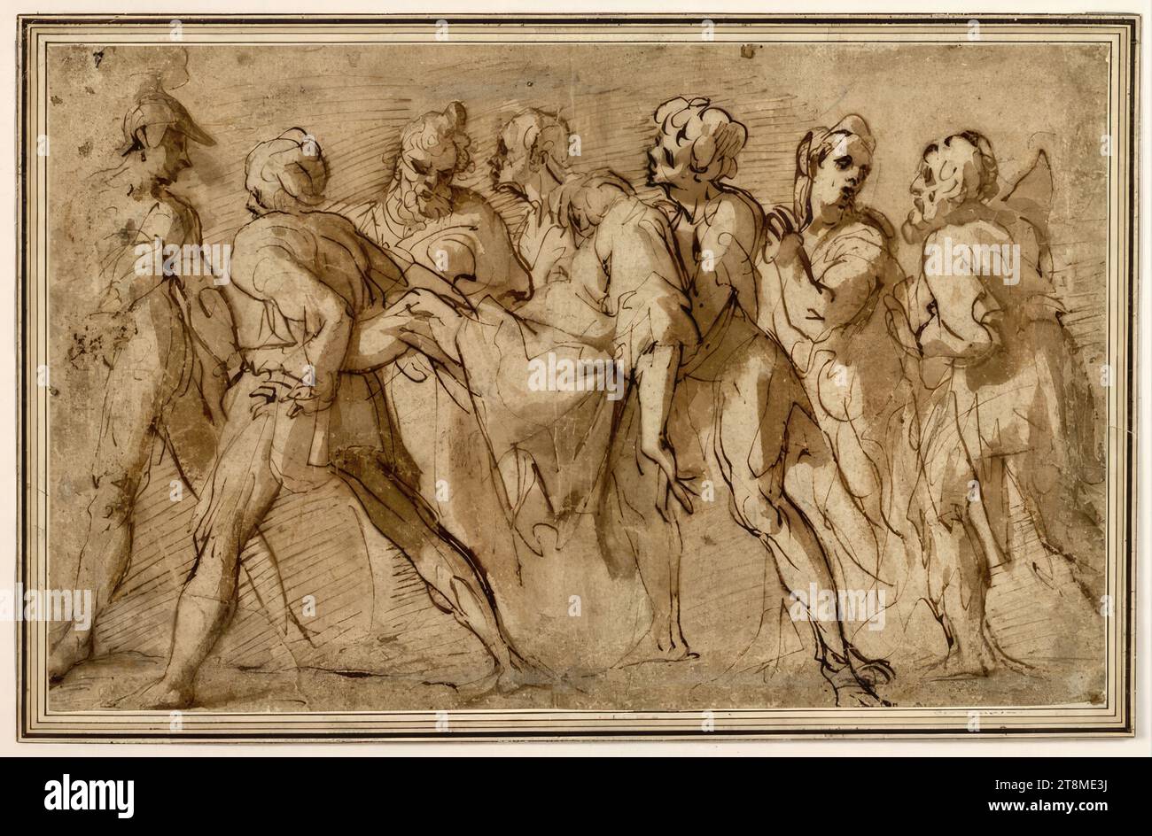 men carrying a corpse to the left; in the wake a woman turning to an ...