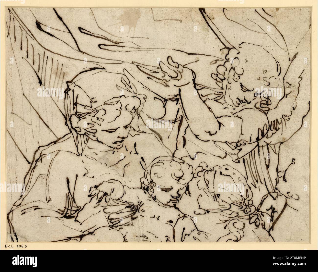 Mary with the Child Jesus, an angel and a female figure kissing the ...