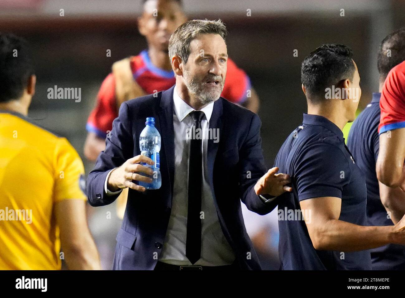 Panama's coach Thomas Christiansen talks with his players during a ...