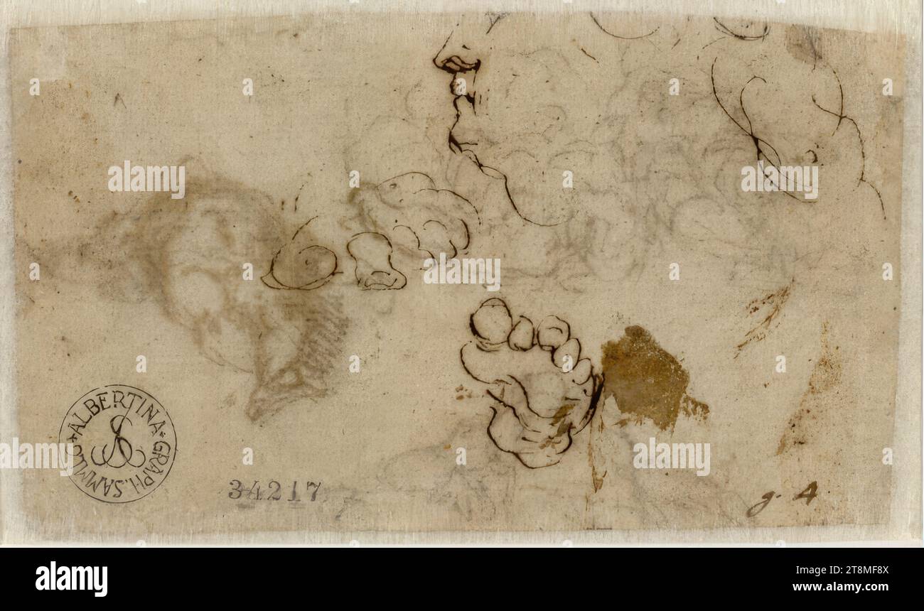 Sketches of a head in profile to the left, a knee and two feet from ...