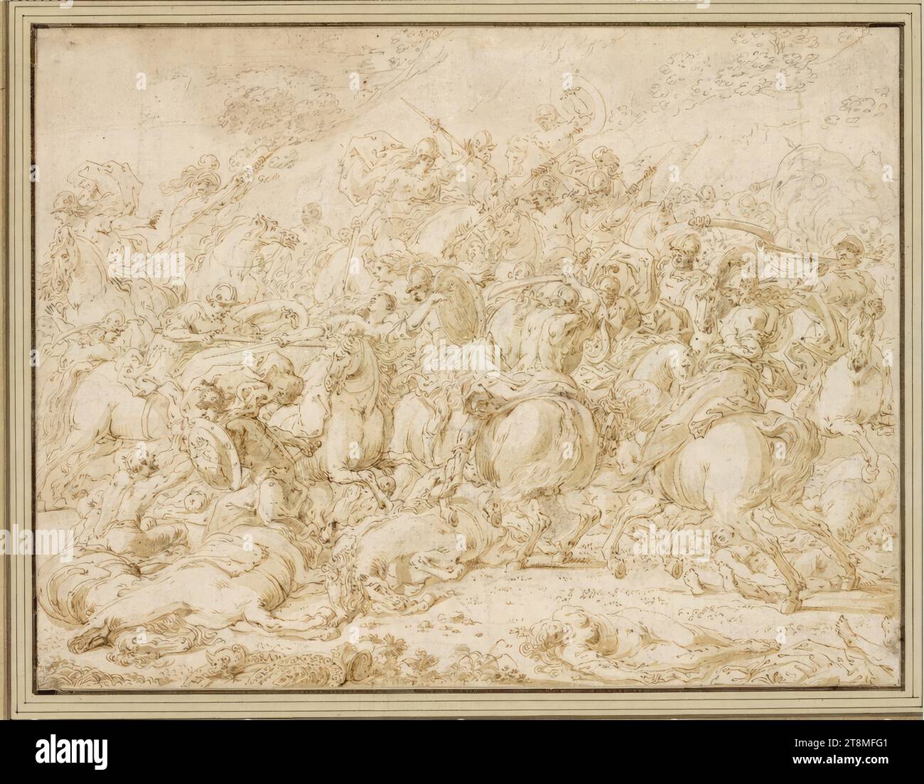 Cavalry battle with Amazons, drawing, pen and ink in brown, brown wash ...