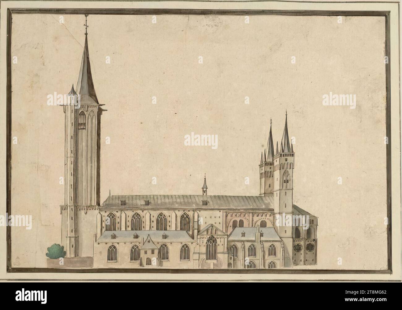 Gothic church (St. Lorenzin, Cologne), drawing, pen and ink in brown ...