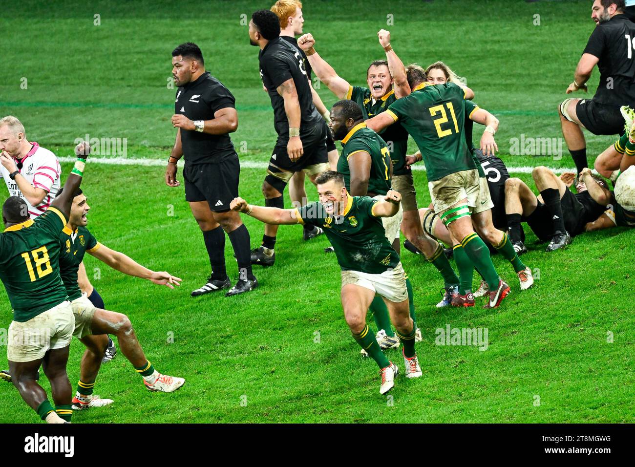 Handre Pollard Deon Fourie and Faf de Klerk celebrating victory during ...