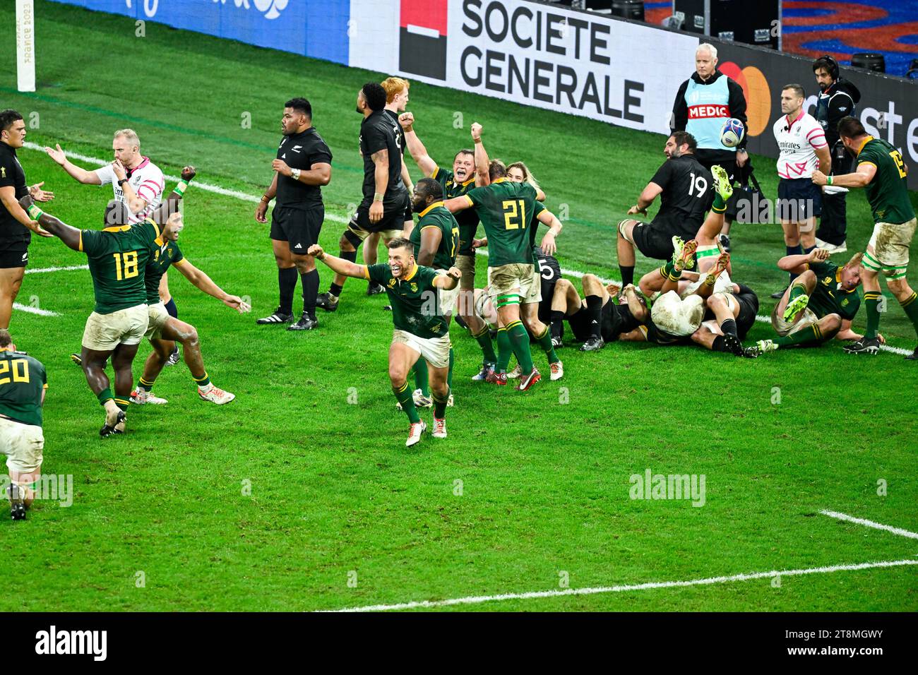 Handre Pollard Deon Fourie and Faf de Klerk celebrating victory during ...