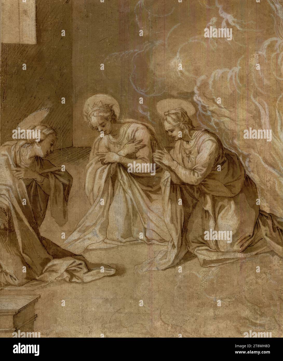 Three saints, one of whom is a queen, praying in front of the pit of ...