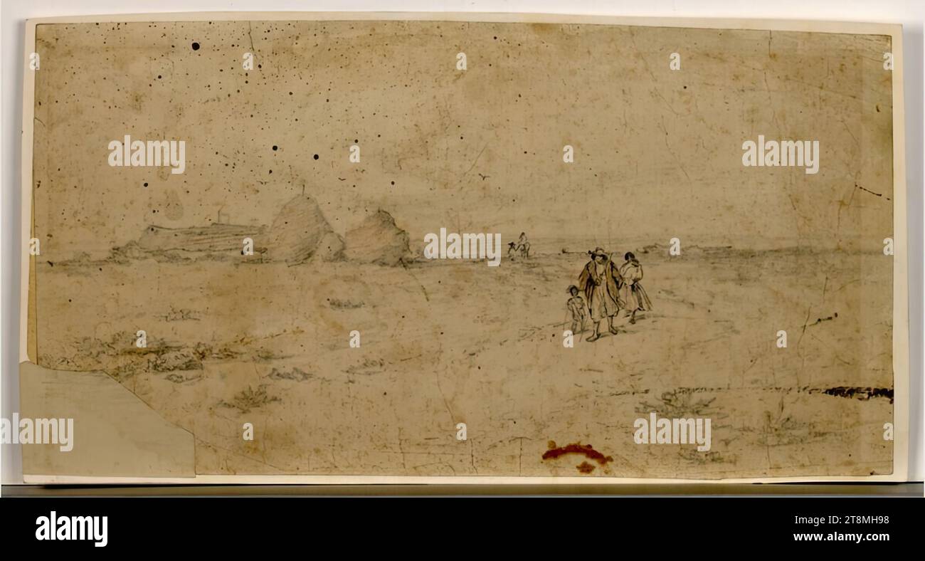 Flat landscape with three figures and large straw houses in the ...