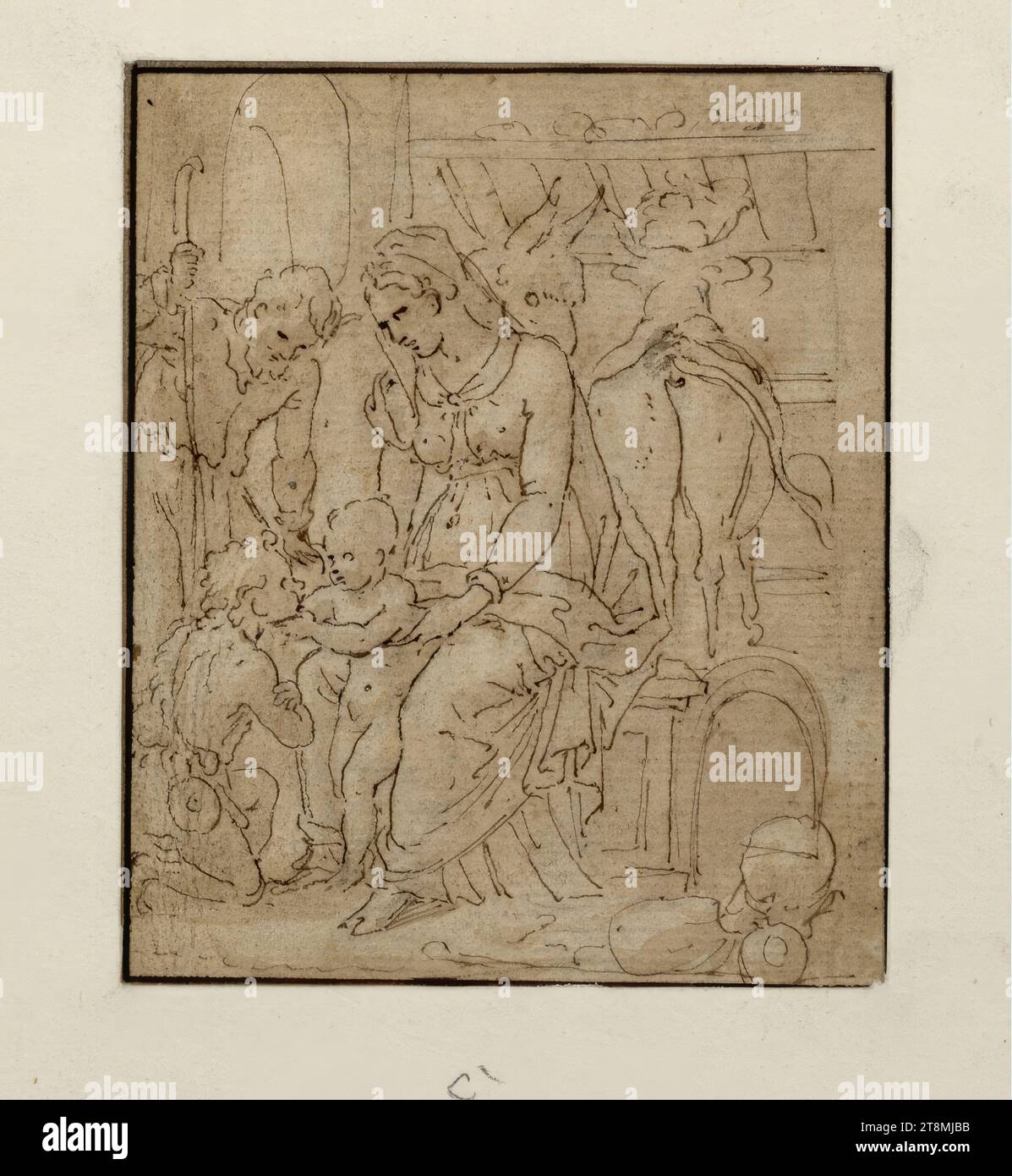 The holy family in the stable, with the boy John, ox and donkey ...