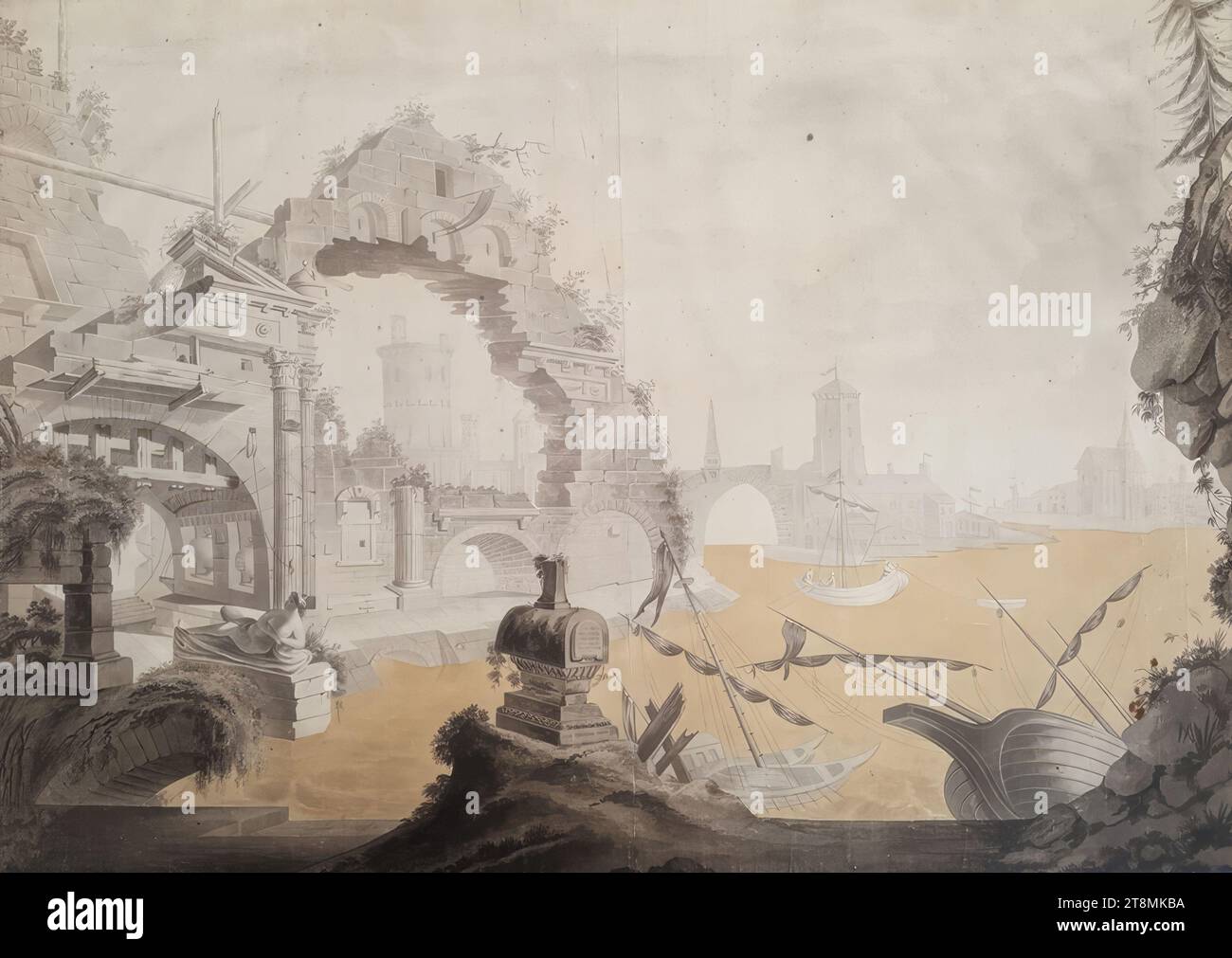 Harbor Landscape with Ruins and Bridges, Joseph Mayer, 1801, drawing ...