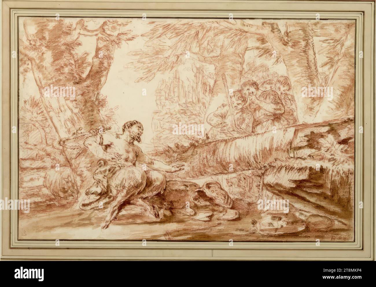 Satyr tied to a tree, whose jug is broken, is reviled by forest farmers ...