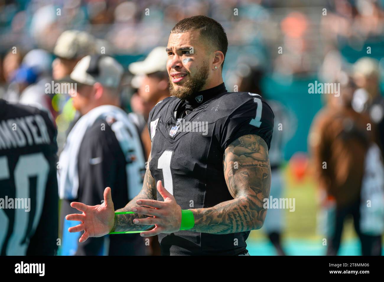 Las Vegas Raiders safety Marcus Epps (1) stands on the sidelines during ...