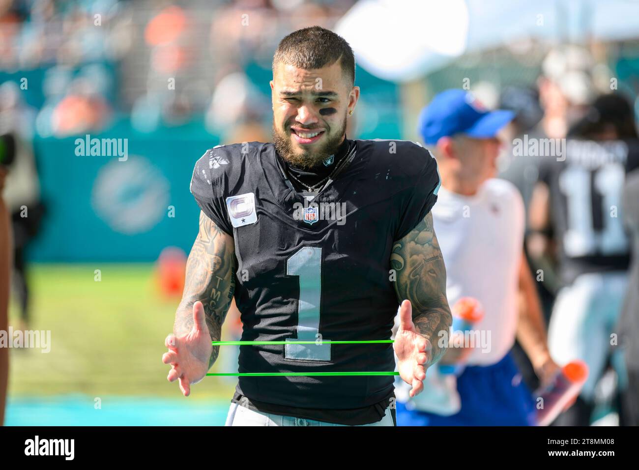 Las Vegas Raiders safety Marcus Epps (1) stands on the sidelines during ...
