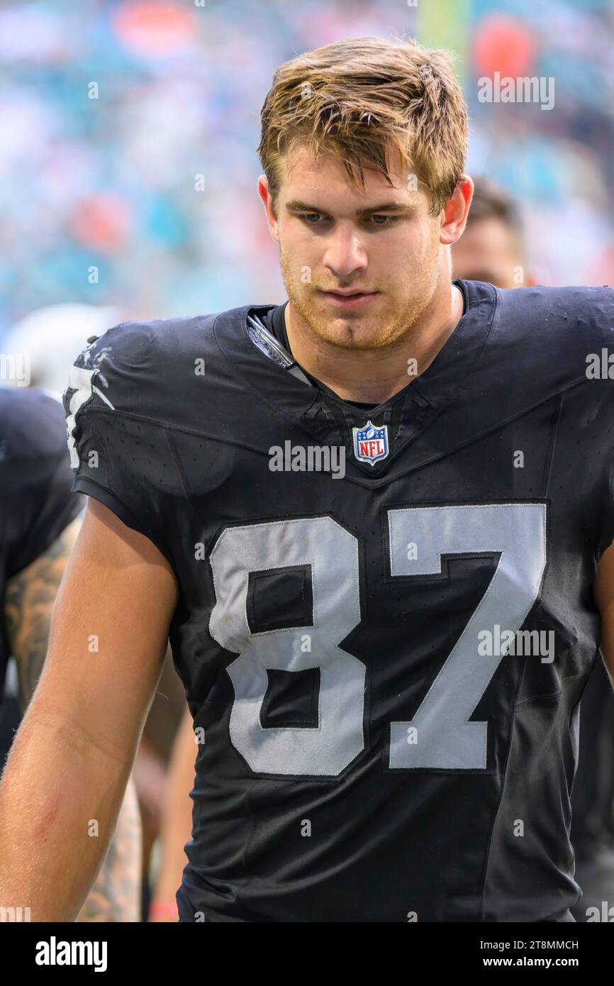 Las Vegas Raiders tight end Michael Mayer (87) walks off the field at ...