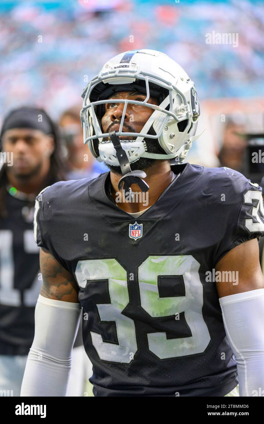 Las Vegas Raiders cornerback Nate Hobbs (39) walks off the field at halftime during an NFL ...