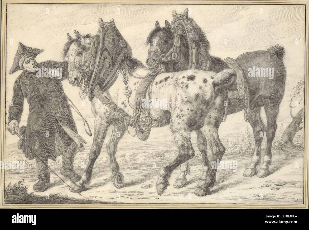 German Coachman Holding Two Harnessed Horses, Carl Adolph Heinrich Heß ...