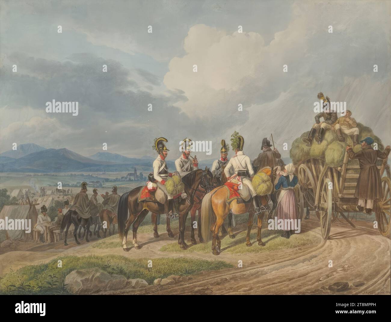Austrian cuirassiers in march adjustment at a fourage wagon (near ...