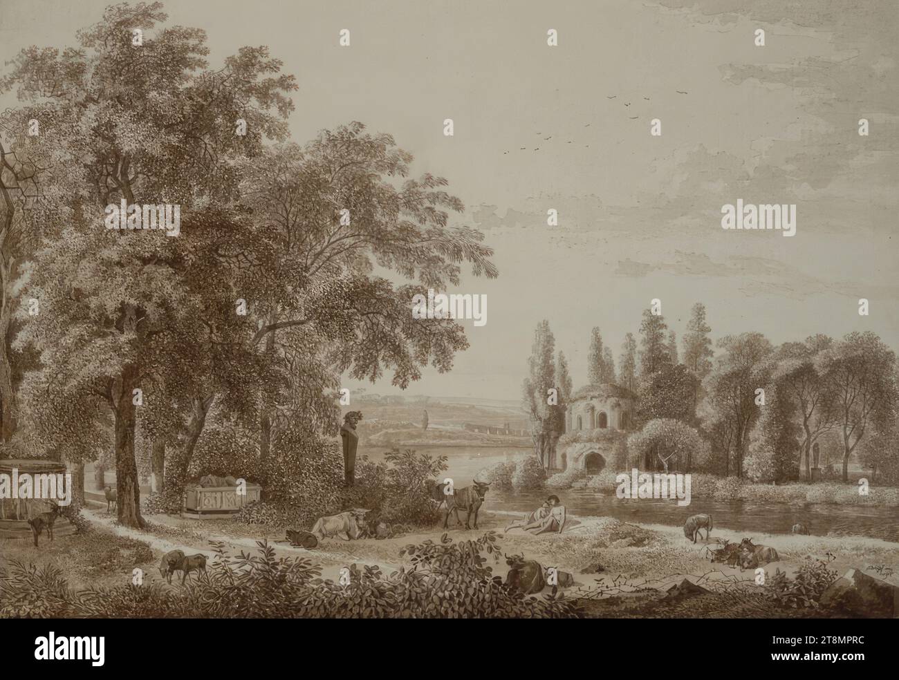 Arcadian river landscape with a pair of shepherds, flock and panherme ...