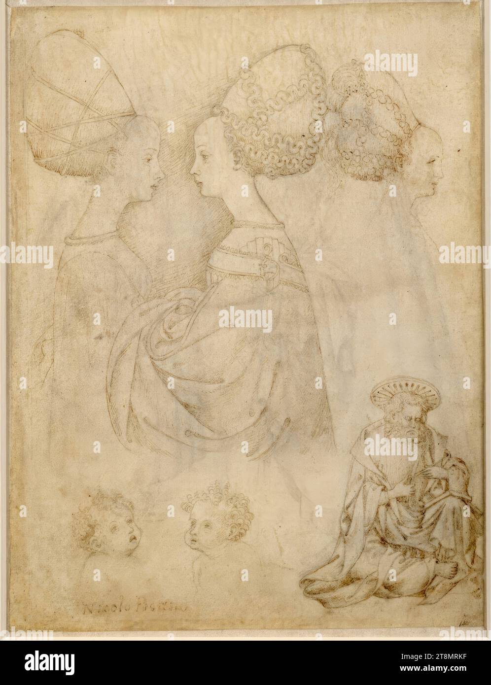 Study sheet (Three studies of women in profile; two putti; a saint ...