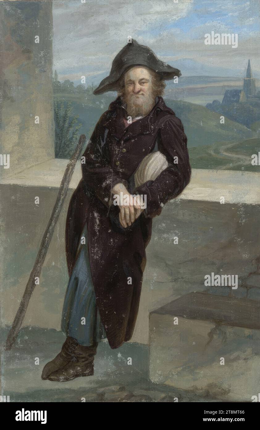 Wanderer with a staff and a bundle under his arm leaning on a parapet ...