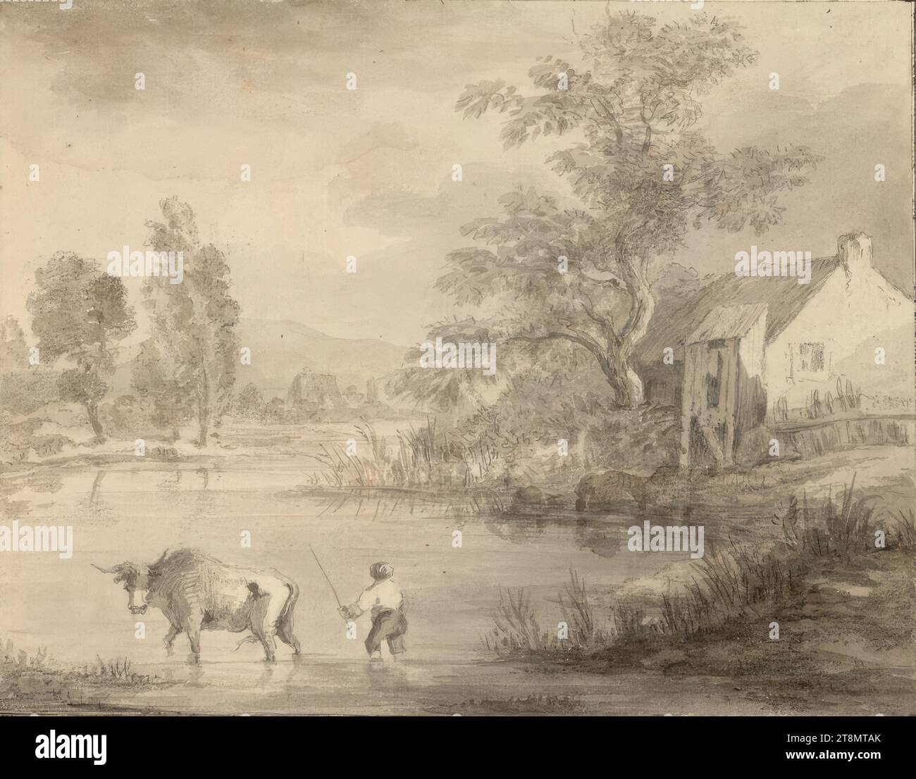 River landscape with a farmhouse and staffage of a shepherd driving a ...