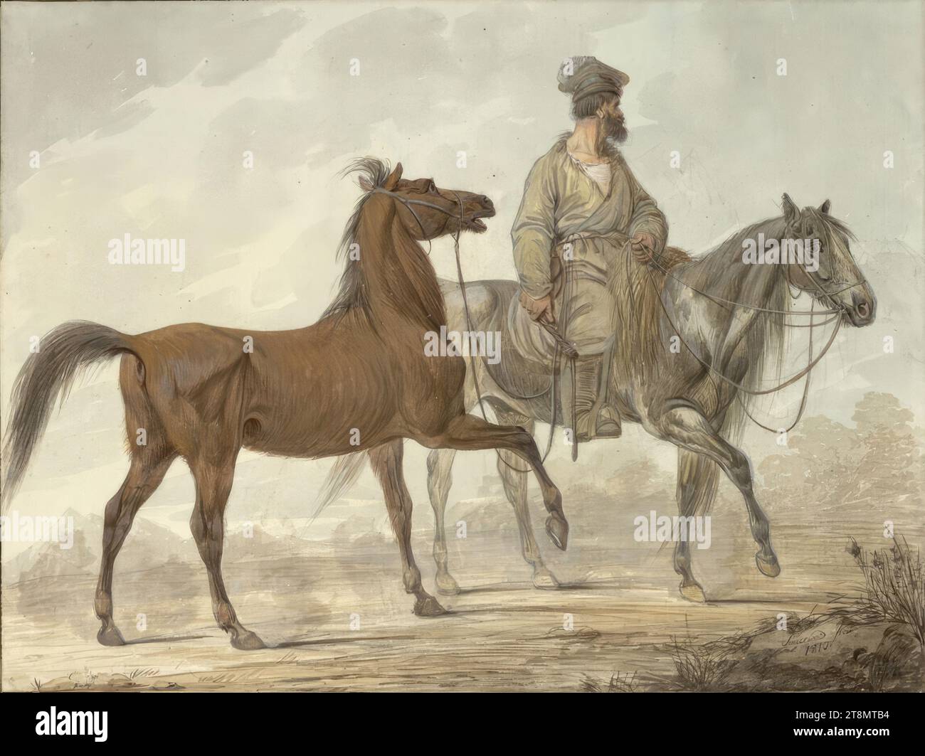 Mounted Cossack, leading a second horse by the halter, Alexander ...