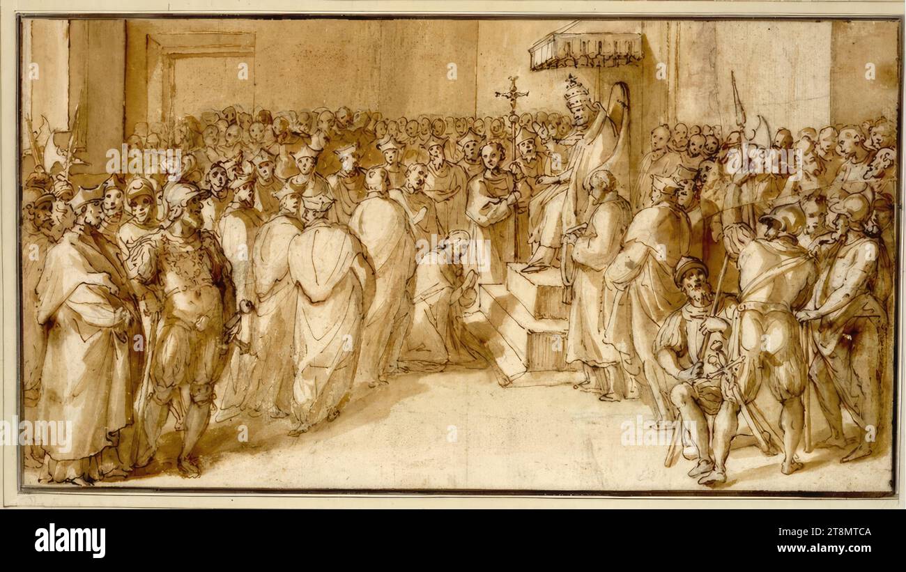 In a large gathering of clergy, lay people, and soldiers, a pope seated ...