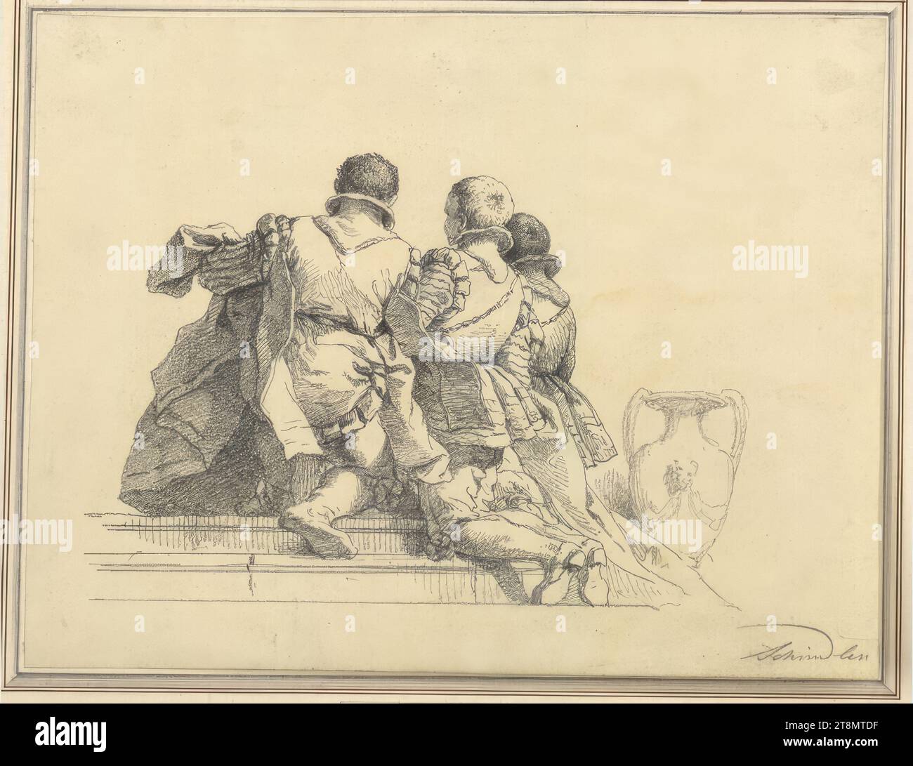 Three kneeling pages from the back, drawing, pencil, 17.9 × 23.2 cm ...