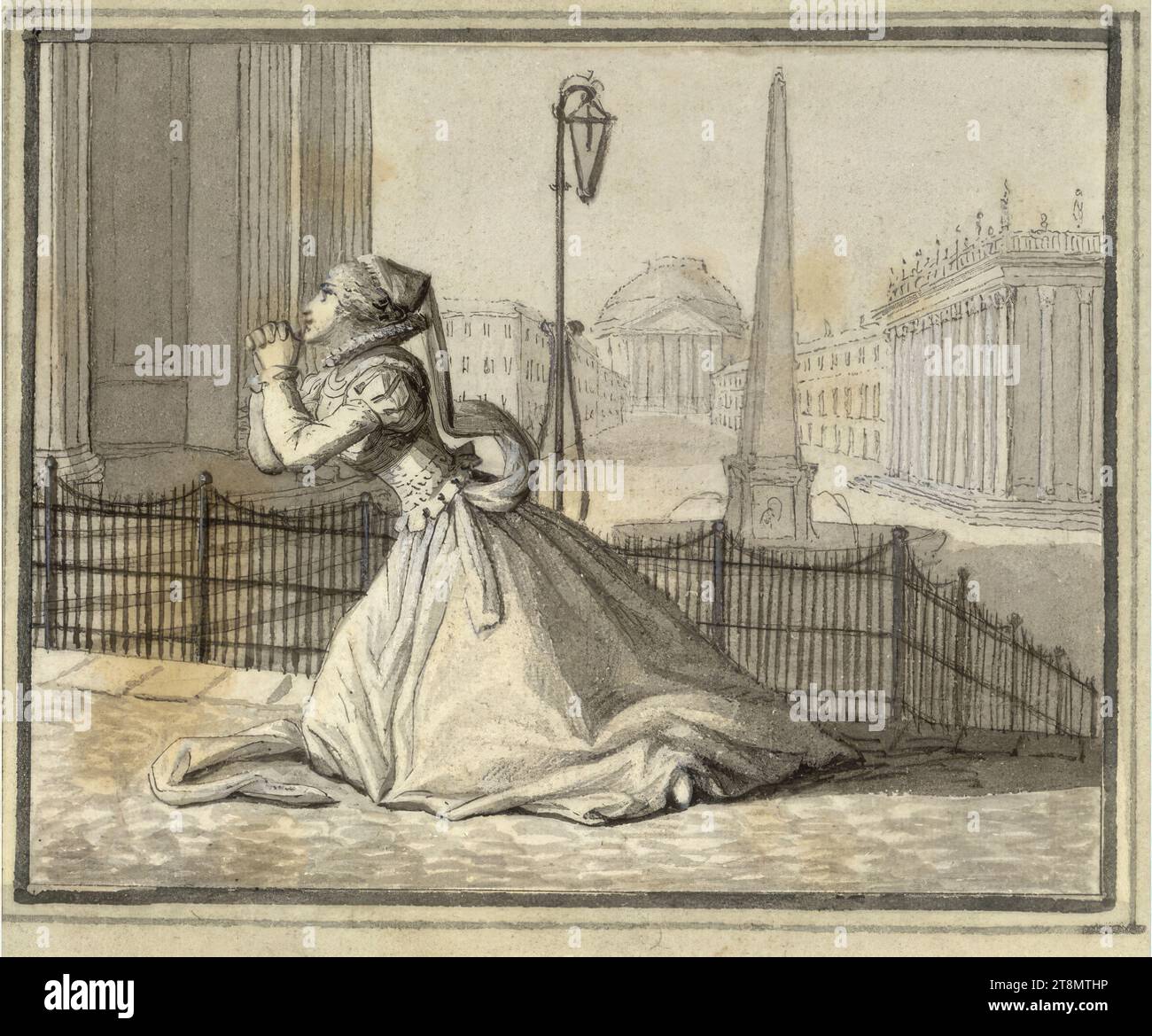 A woman praying or begging someone on her knees in a 16th century ...