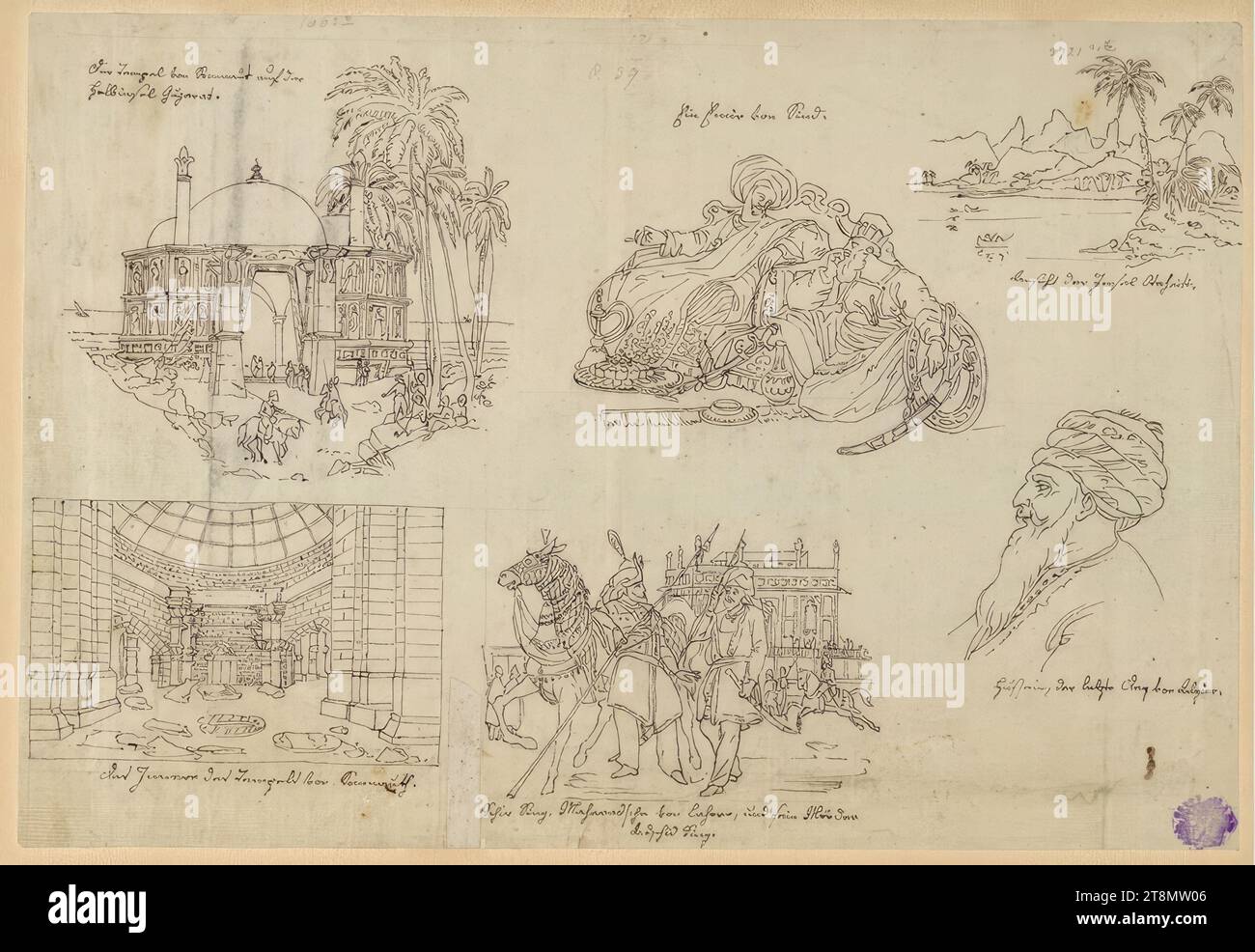 Various sketches with oriental costumes, landscapes, Anton Spreng ...