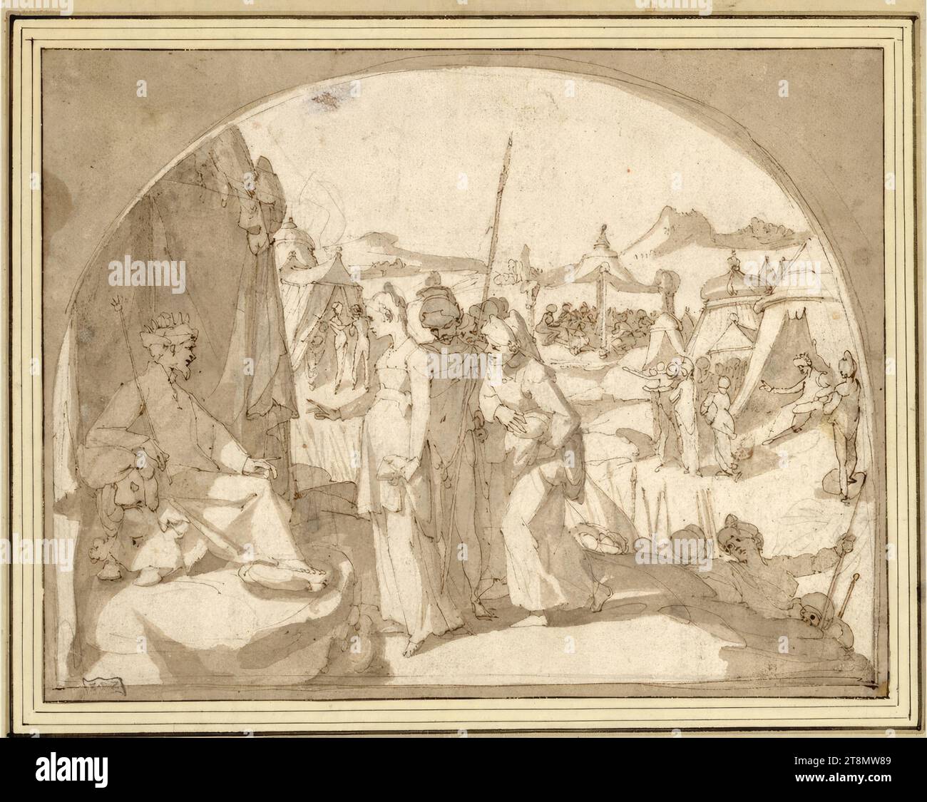 Judith led before Holofernes with her maid; in perspective tents with ...