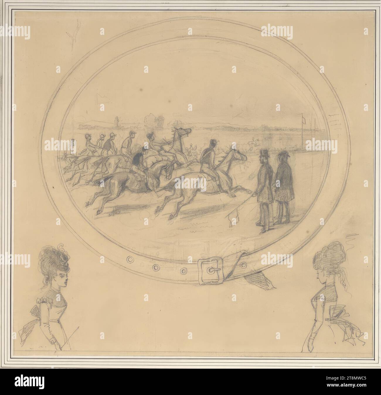 Races in an oval vignette made from a belt; including two female half ...