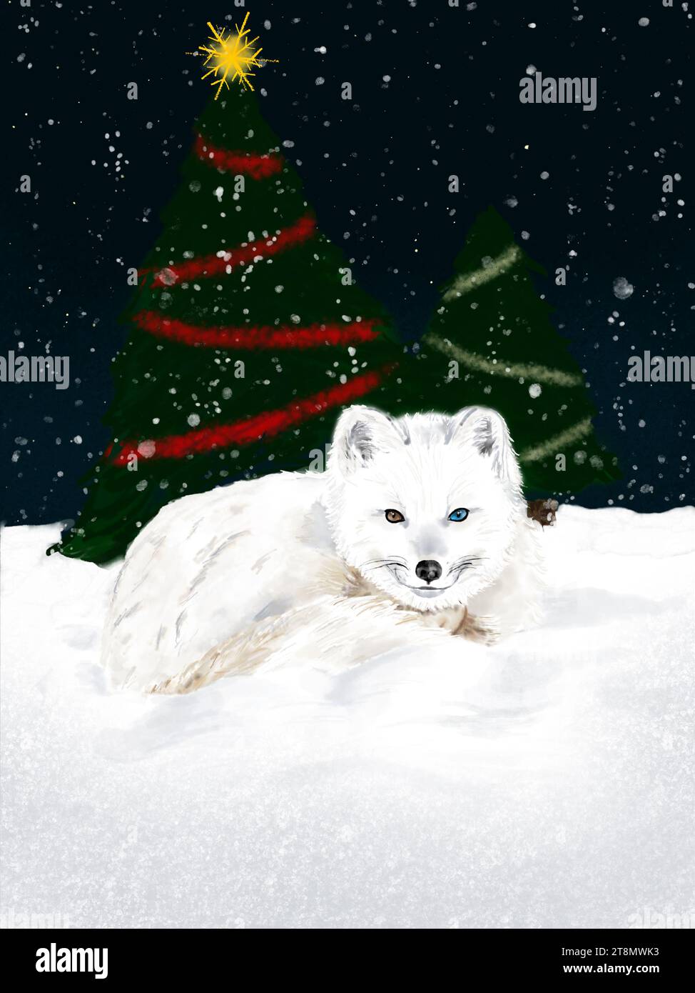 Arctic fox lying in snow in front of Christmas trees illustration Stock ...