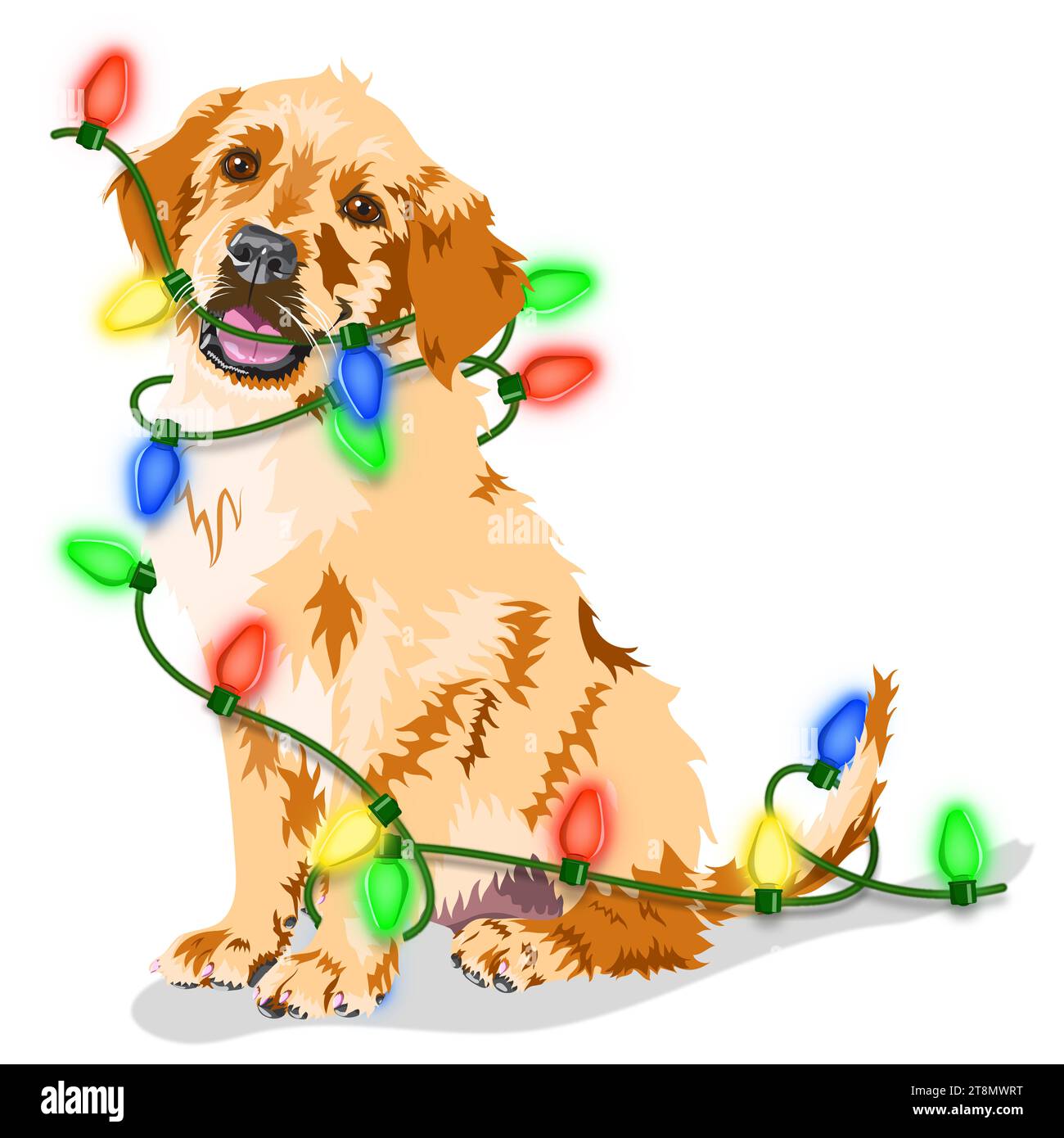 Cute puppy tangled with Christmas lights illustration Stock Photo - Alamy